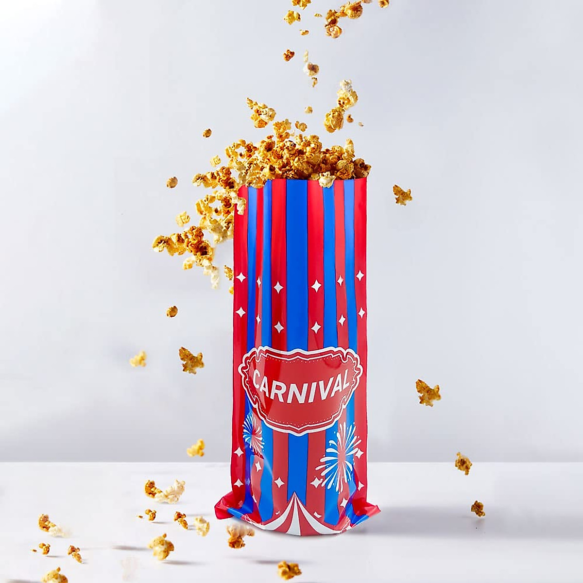 Jayomoli Carnival Circus Holiday Plastic Bags, 100pcs Cellophane Treat Bags Popcorn Bag, Candy Cookie Wrapping with Twist Ties for Party Favors Supply