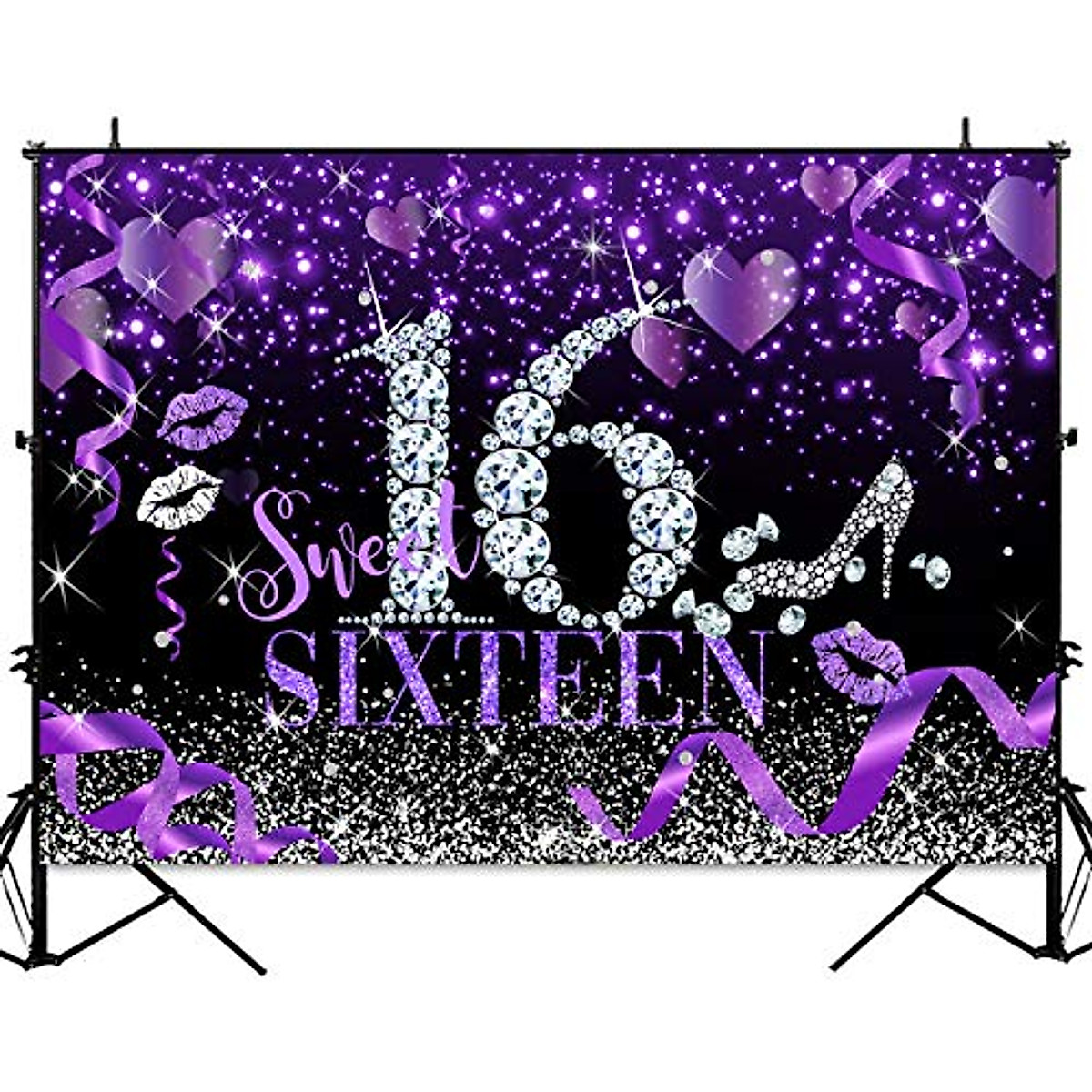 Sensfun Sweet 16 Silver Purple Bokeh Glitter Backdrop 7x5ft for Girls Happy 16th Birthday Party Decorations Banner Diamonds High Heels Sweet Sixteen Photography Photo Booth Props Supplies Background
