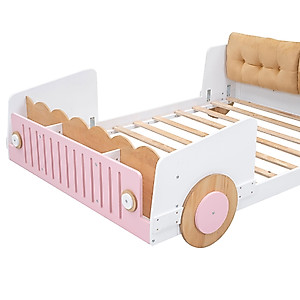 Yehha Full Size Platform Bed w/Upholstered Headboard & Storage Shelves Footboard, Wooden Bedframe with Wheels & Headlights for Kids, White