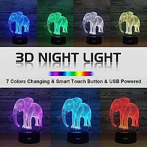 KIVVEE Elephant 3D Lamp Illusion 2D Night Light Xmas Chirstmas Festival Birthday Valentines Day Lovers Gift Nursery Bedroom Desk Table Decor for Baby Boys Kids Children