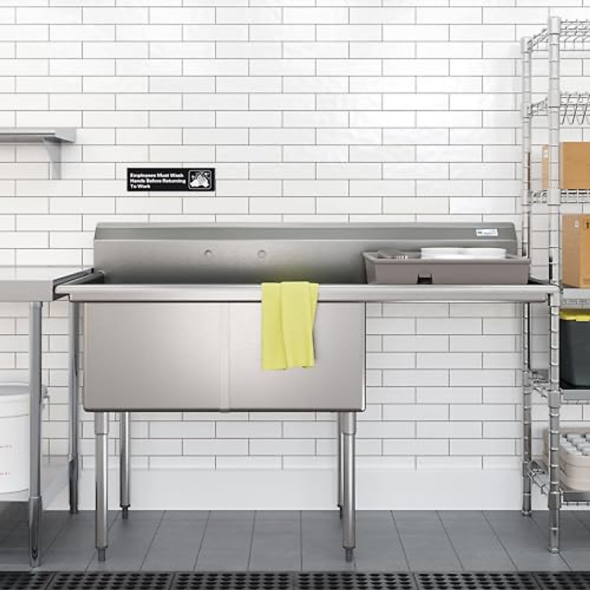 KoolMore 63 in. 18-Gauge 2-Compartment Commercial Sink with Backsplash and 24 in. Right Drainboard, Bowl dimensions 18"x24"x14" in Stainless-Steel (KM-SB182414-24R3)