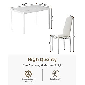 Recaceik Furniture 5 Piece Faux Dining Set, Modern Kitchen Table Marble Top and High Chairs for Breakfast Nook Small Spaces Beige