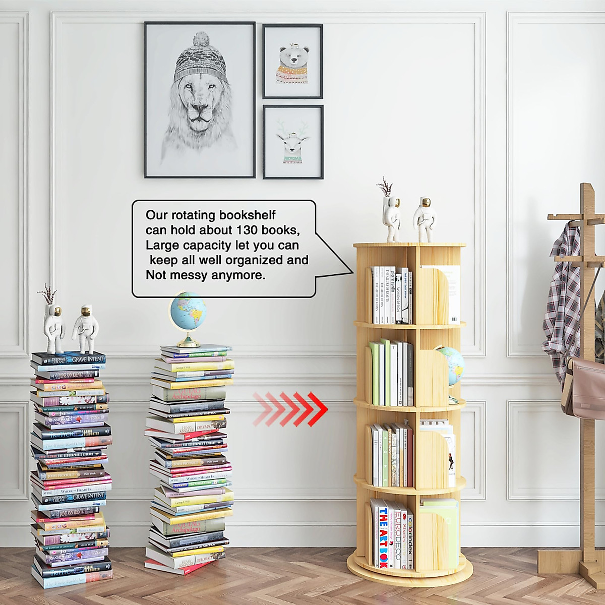 hhgrapehh Rotating Bookshelf, 360 Display Corner Bookshelf for Small Space, 4 Tier Floor Standing Bookcase Storage Rack, Wood Narrow Organizer for Bedroom, Living Room, Study Room, Kids&Adults Solid