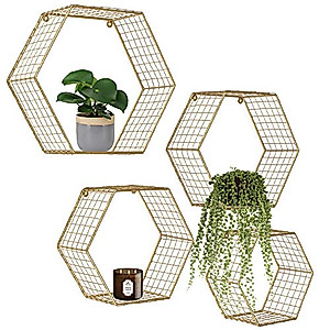 kimisty Set of 4 Gold Hexagon Wall Shelves, Floating Honeycomb Wire Wall Mounted Shelf, Geometric Octagon Mesh Shelves, Boho Deep Gold Metal Shelving