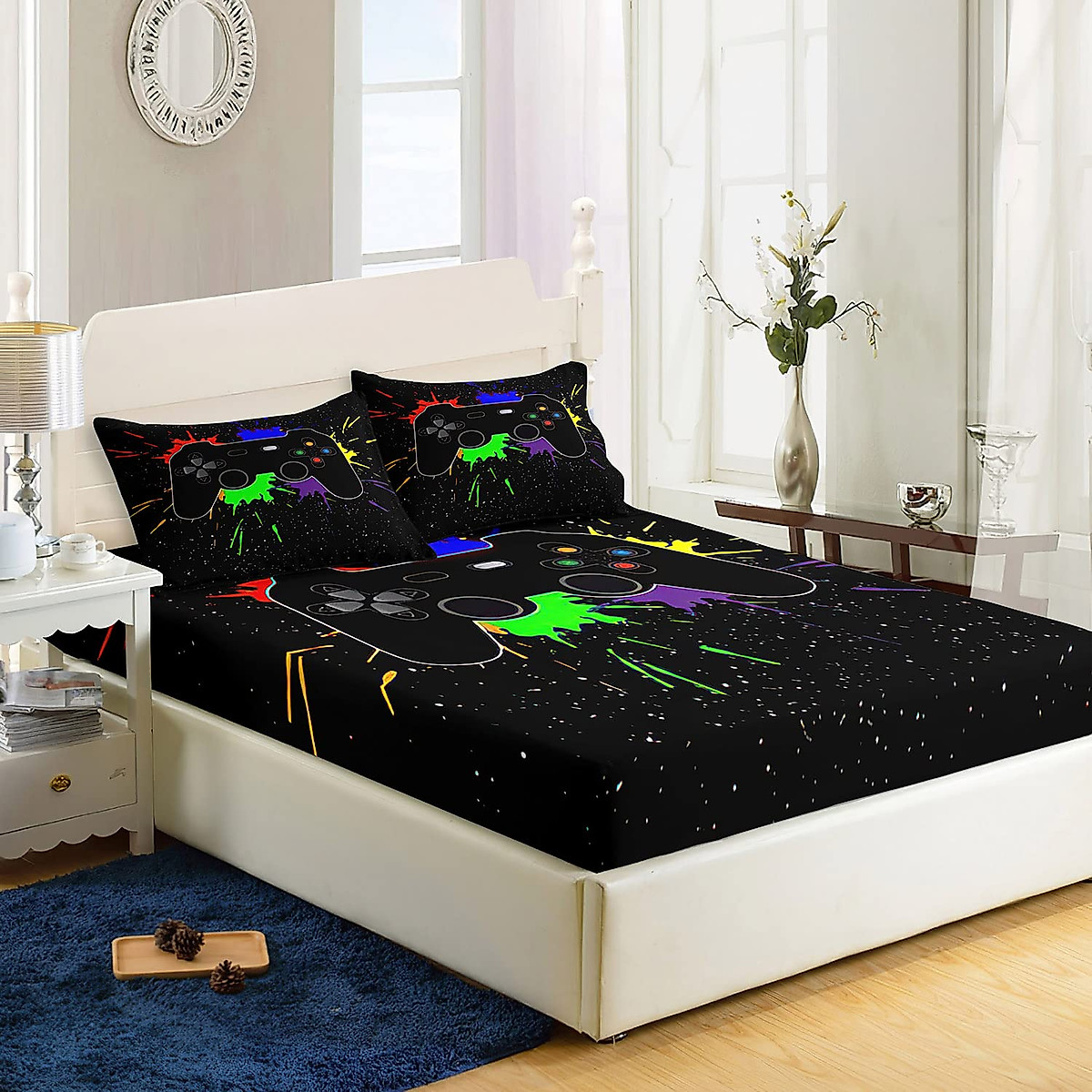 AILONEN Gamer Fitted Sheet Full Size,Gaming Bedsheets Set,Gamepad Bed Sheet Set for Boys,Boys Video Games Bedding Set,1 Fitted Sheet and 2 Pillow Case,3 Piece