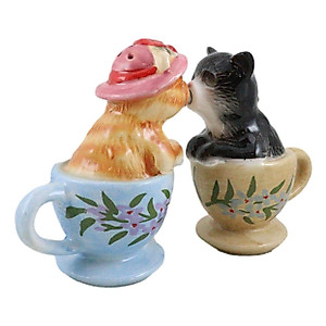 Ebros Ceramic Tabby And Tuxedo Black Kitty Cats In Teacups Kissing Salt And Pepper Shakers Set Valentines Tea Cup Cat Kittens Figurines Party Kitchen Tabletop Collectible Decorative Accents