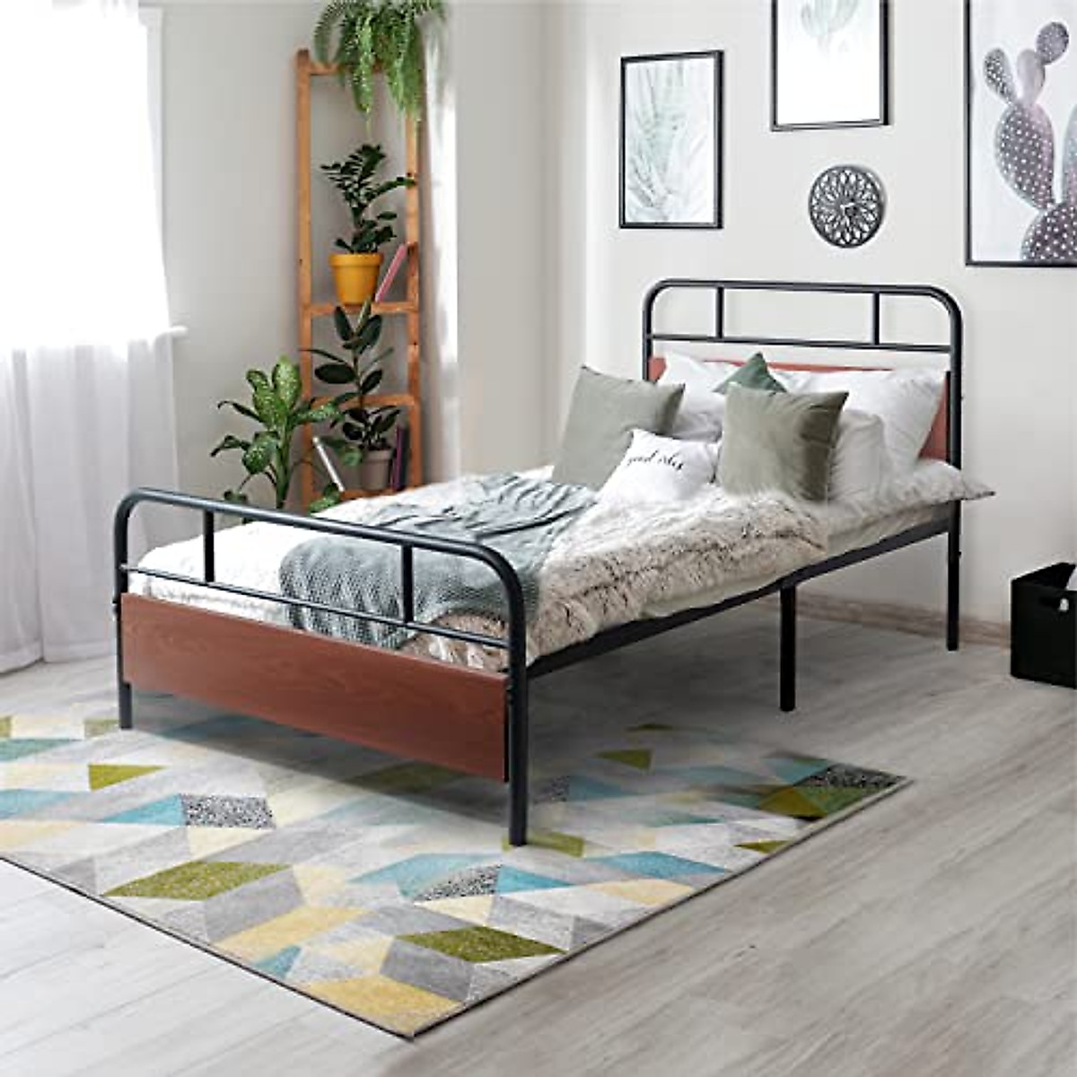 CAPHAUS Round Corner Metal Bed Frame with Modern Wood Headboard and Footboard, Mattress Foundation, Metal Platform Bed with Premium Steel Frame, Noise-Free, No Box Spring Needed, Twin Size, Walnut