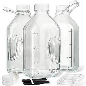 3 Pack 2 Qt Glass Milk Bottles with Airtight Reusable SCREW LID - 64 Oz Glass Juice Bottles, 1/2 Gal Glass Water Bottles, Glass Milk Jug Pitcher with 2 Exact Scale Line, Extra Free 3 Lid and 6 Handle!