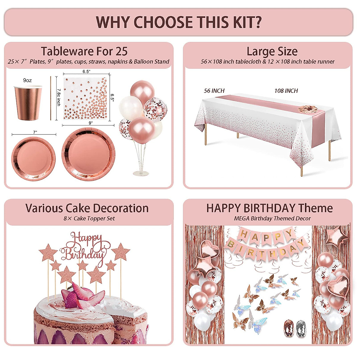 UJoyant 236 Pcs Birthday Decorations For Women, Rose Gold Party Decorations Kit For Girls Or Women - Butterfly Decors, Hanging Swirl, Balloon Stand Kit, Sash, Tiara, Banner, Tassel Curtain, Balloon, Tableware Kit For 25 Guests