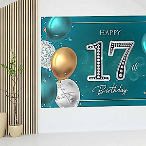 HAMIGAR 6x4ft Happy 17th Birthday Banner Backdrop - 17 Years Old Birthday Decorations Party Supplies for Girls Boys - Green Silver