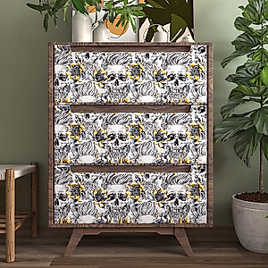 STICKEEP Skull Floral Wallpaper Stick and Peel Boho Gold Floral Peel and Stick Wallpaper for Bedroom Bathroom Wall Paper Black White Floal Contact Paper for Cabinets Self Adhesive Vinyl Roll 24”x118”