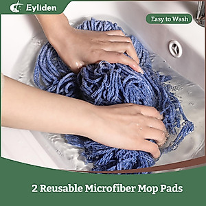 Eyliden String Mop with 2 Reusable Heads, Non-Touch Replacement Mops for Floor Cleaning, 4 Scouring Pads Adjustable Handle Floor Mop, Wet and Dry Cotton Mop for Any Surfaces, Commercial Home, Blue