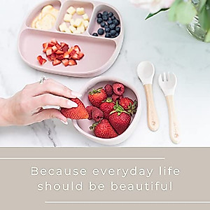 Little Keegs Baby Feeding Set - Baby Must Haves Gift Set - Baby Led Weaning Supplies - Toddler Silicone Feeding Set - Suction Baby Bowl, Bib, Snack Cup, Utensils, Baby Plate Set of 8 (Beige)