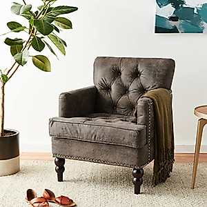 GDFStudio Medford Brown Tufted Club Chair, Fabric Accent Chair with Studded Nailhead Accents