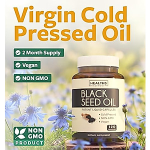 Black Seed Oil - 120 Softgel Capsules Skin Health (Non-GMO & Vegan) Cold-Pressed Nigella Sativa Producing Pure Black Cumin Seed Oil with Vitamin E - 500mg Each, 1000mg Per 2 Capsule Serving