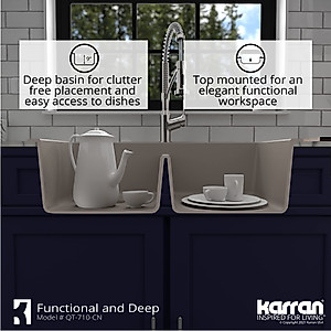 Karran QT-710 Drop-in Quartz Composite 33 in. 1-Hole 50/50 Double Bowl Kitchen Sink Kit in Concrete