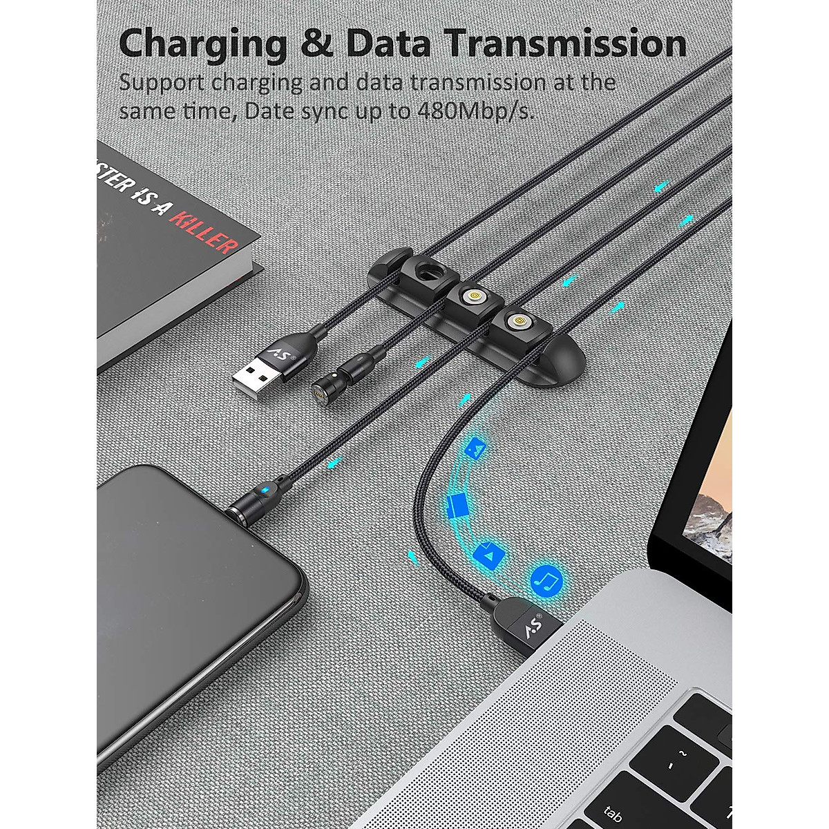 A.S Magnetic Charging Cable, Magnetic Type C Cable Fast Charging Data Sync Magnetic Cable Magnetic Phone Charger for Micro USB, USB C, i-Product Smartphones(3.3ft/3.3ft/6.6ft/6.6ft,Black)
