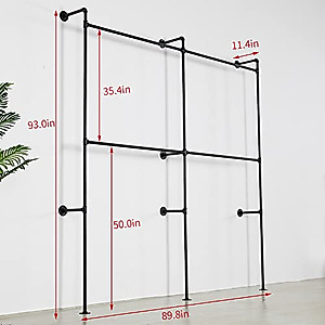 ZGZR Modern Simple Industrial Pipe Double Hanging Rods Clothing Rack, Display Stand Shelves Wall Mounted Garment Rack,Heavy Duty Detachable Garment Bar, 89.8in Black