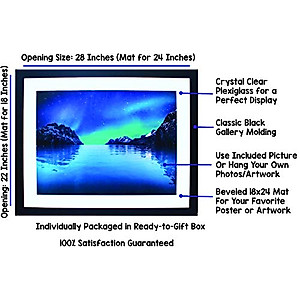 Black 22x28 Gallery Poster Frame with 18x24 Mat - Wide Molding - Includes Attached Vertical and Horizontal Hanging Hardware - Crystal Clear Plexiglass Front - Display 22 x 28 Inch Picture or Art