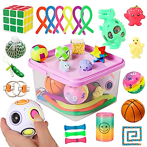 Sensory Fidget Toys Set, 27pcs Stress Relief and Anti-Anxiety Tools Bundle for Kids and Adults, Marble and Mesh, Pack of Squeeze Balls, Soybean Squeeze, Flippy Chain