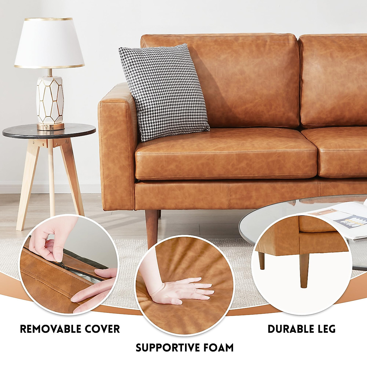 Kingfun 65" Loveseat Sofa, Faux Leather Love Seat Couch, Mid Century Modern Couch with Solid Wooden Frame for Living Room & Bedroom in Small Spaces, Brown