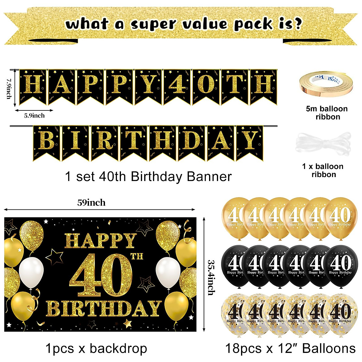 32Pcs 40th Birthday Decorations Kit for Men Women, Black Gold Happy 40 Birthday Banner Balloons Hanging Swirls Kit Party Supplies, Forty Year Old Birthday Backdrop Props Sign Decor