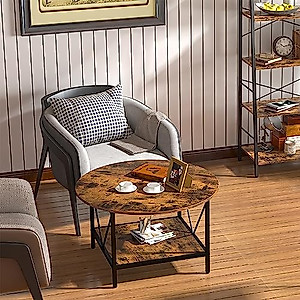 Yusong Round Coffee Table for Living Room, Farmhouse Circle 32 Inch Coffee Tables with Storage Shelf, 2-Tier Modern Center Table Easy to Assemble, Rustic Brown and Black