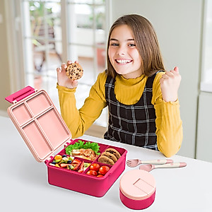 Kids Bento Lunch Box with 8oz Soup Thermo, Kids Leakproof Lunch Food Containers with 4 Compartment, Kids Insulated Hot Food Jar with Lunch Bag for School, Trvael (Pink)