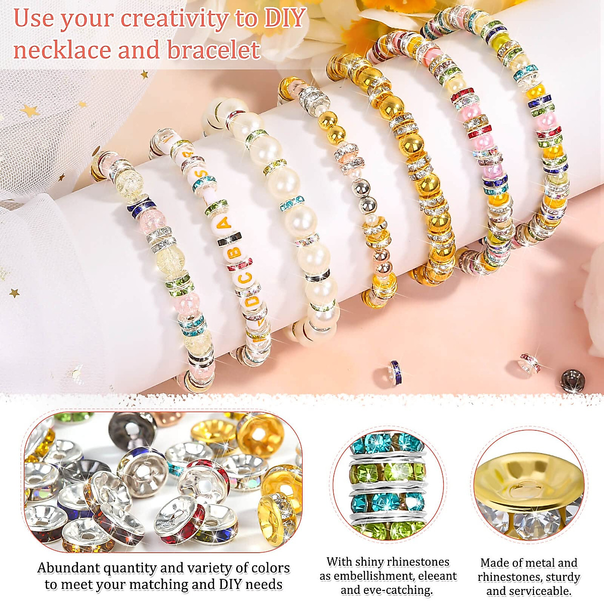 900 Pieces Rondelle Spacer Beads for Jewelry Making, 8mm Rhinestone Spacer Beads Crystal Bead Spacers for Bracelets, Focal Beads for Pen, 15 Colors