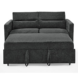 LIADTOP 54.5'' Modern Convertible Sleeper Two Side Pockets, Grey Fabric w/Pull-Out Bed Loveseat Sofa Couch and Adjsutable Back for Living Room,Black