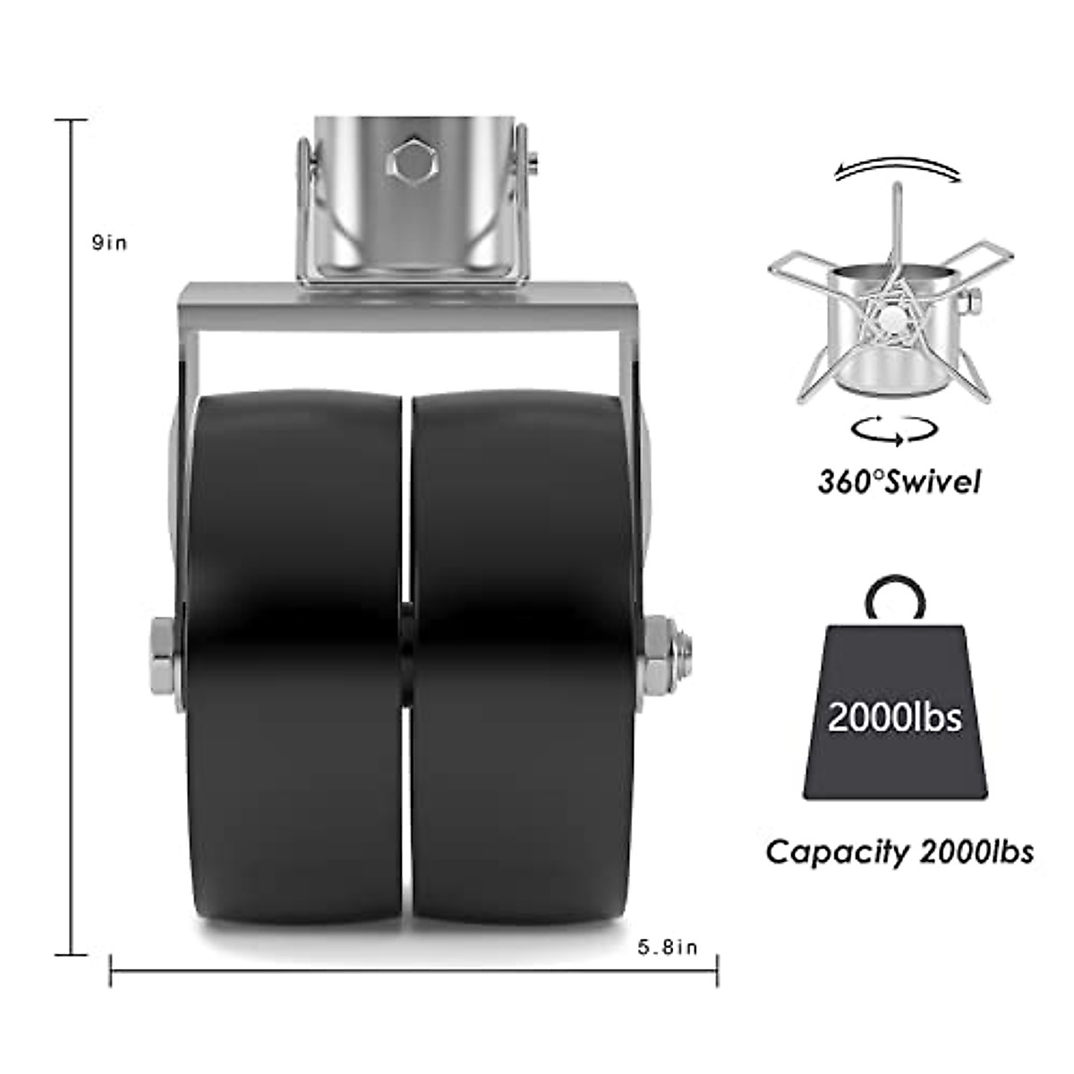 Trailer Jack Wheel Replacement 2000 lbs, 6" Trailer Jack Foot Wheel, Dual Wheel Swivel Trailer Tongue Jack Wheel for Trailer Jack with Pin for Boat Trailer Camper Rv