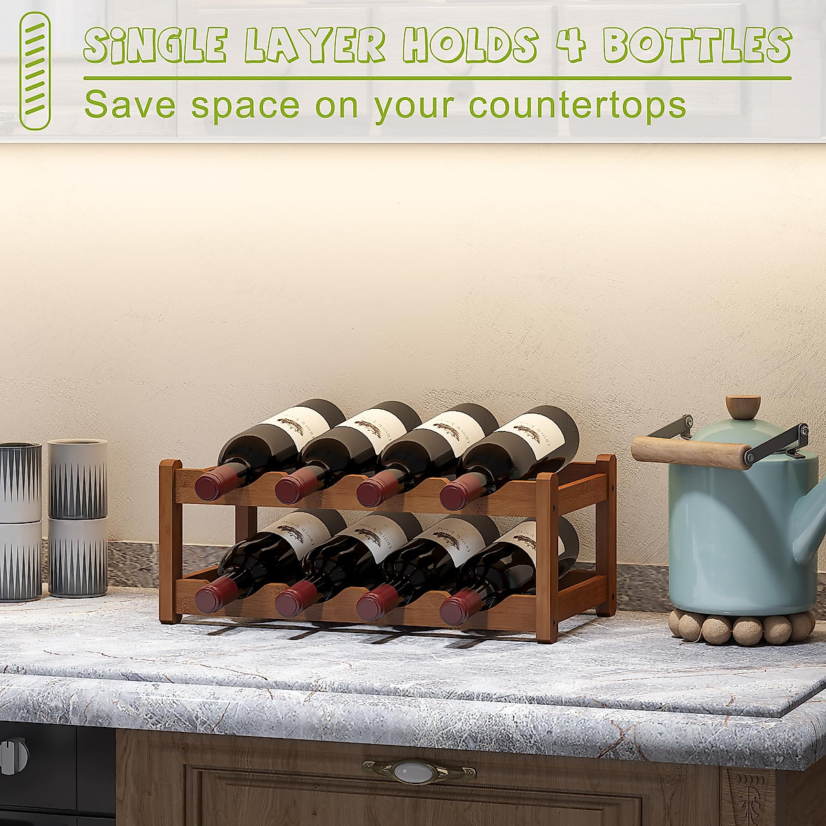 BMOSU Bamboo Wine Rack Wine Storage Cabinet Shelf 8 Bottle Wine Racks Countertop Sturdy for Kitchen Dining Room Pantry - 2 Tiers Wine Rack(Brown)