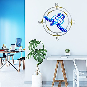 SVEIKS Sea Turtle Wall Art Decor, 15.75" Ocean Themed Round Metal Compass for Indoor Outdoor Living Room Bathroom Hallway Garden Deck