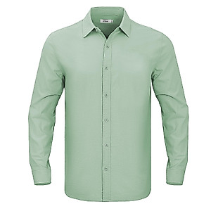 Mens Linen Button Down Shirts Long Sleeves Summer Beach Casual Regular Fit Shirt Tops Green