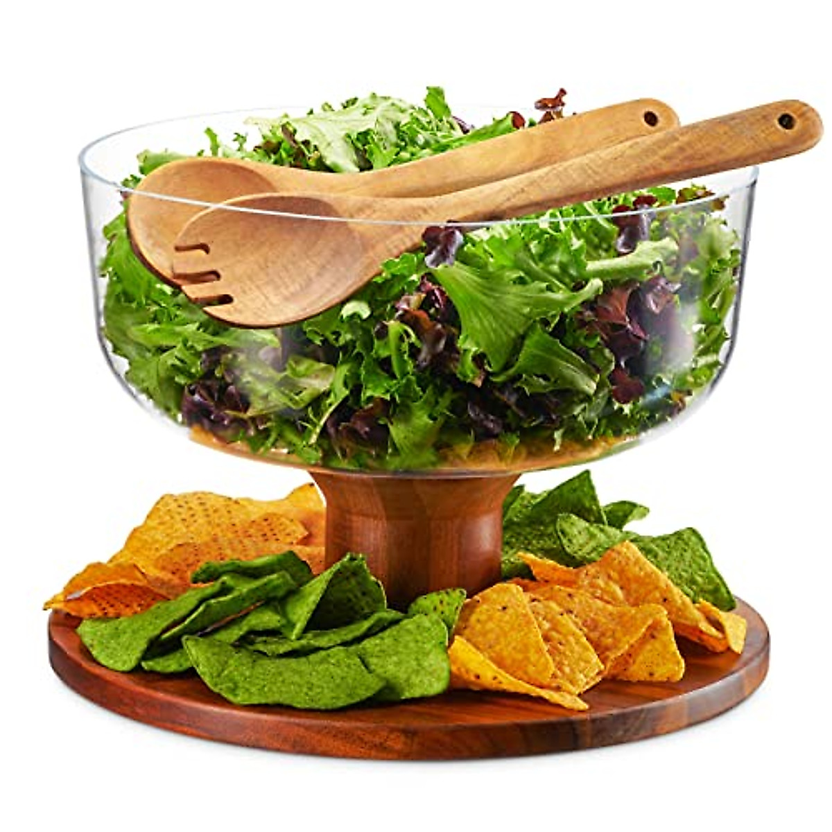 Godinger 2 in1 Salad Bowl and Cake Stand, Salad Bowl Serving Dish and Footed Cake Stand with Dome, Includes Wooden Salad Servers, Acacia Wood and BPA Free Acrylic Lid