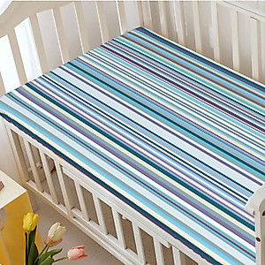 Striped Themed Fitted Mini Crib Sheets,Portable Mini Crib Sheets Soft Toddler Mattress Sheet Fitted-Crib Mattress Sheet or Toddler Bed Sheet,24“ x38“,Blue Lavender Cream