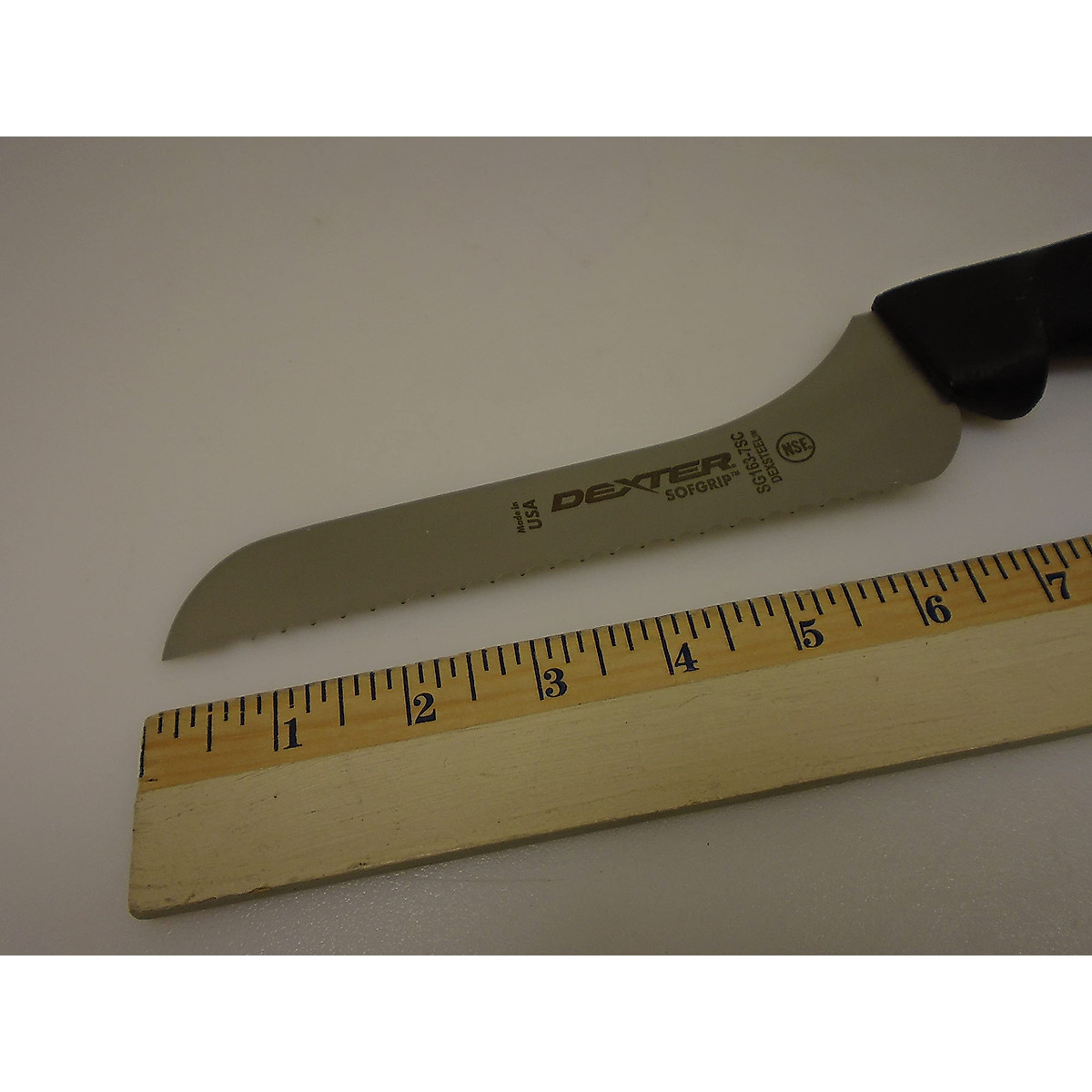 Made in USA 7 inch Offset Scalloped Edge Bread Knife Black Handle SG163-7SC