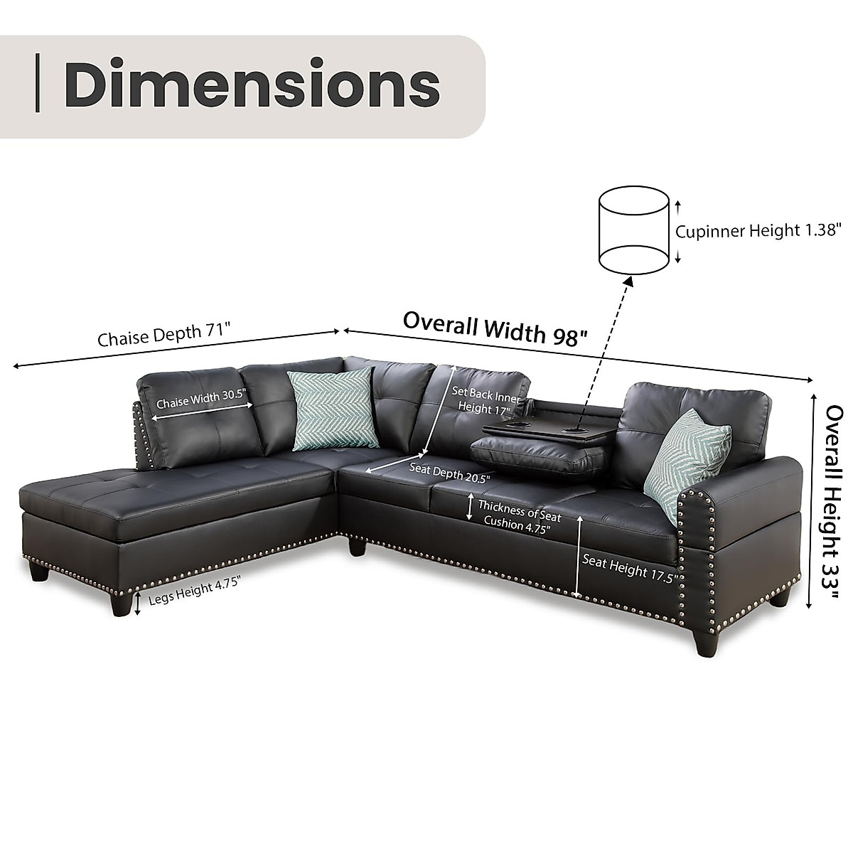 Yafylly L Shaped Sectional Couch, Living Room Furniture Set with Storage Ottoman, Deep Seat Modular Sofa with 2 Cup Holders, 2 Throw Pillows for Large Space, Black