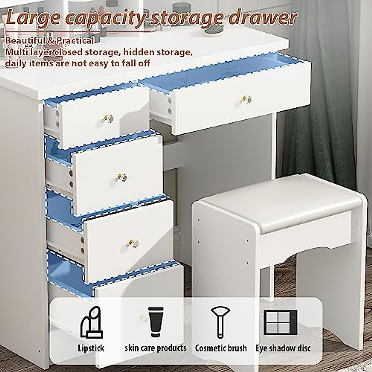 FUFU&GAGA Vanity Set with Mirror, Makeup Vanity Dressing Table with 5 Drawers, Shelves, Dresser Desk and Cushioned Stool Set (Lighted Mirror Vanity Set, 31.5" W x 15.7" D x 55.1" H)