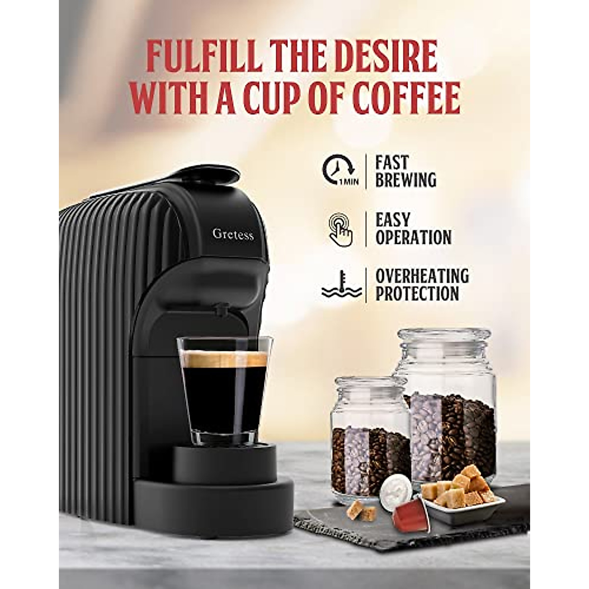 Gretess Espresso Machine, Coffee Machine Programmable Buttons for Espresso and Lungo, Capsule Coffee Maker, Italian 20 Bar High Pressure Pump, 34 Oz Water Tank, Black, OPT-07MB