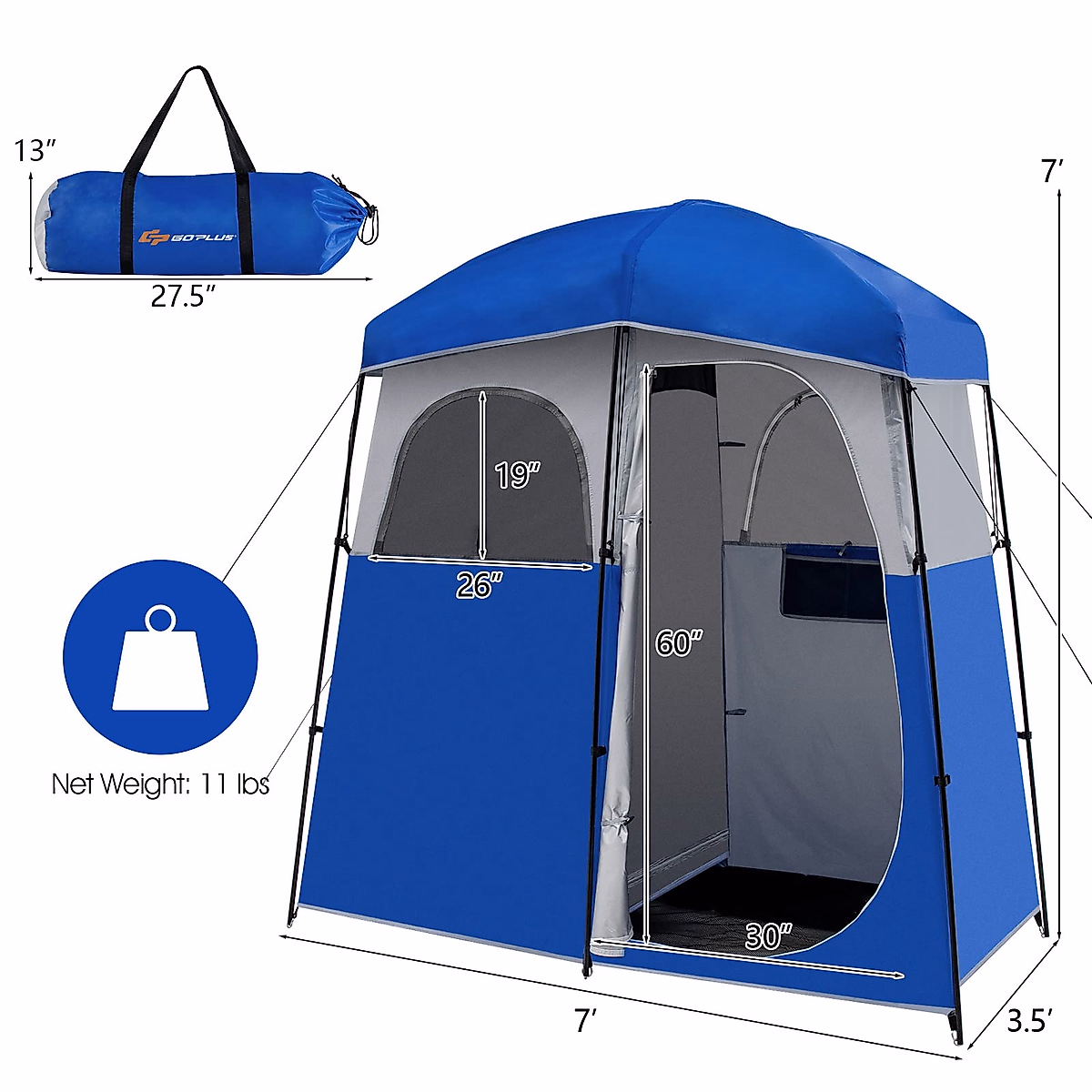 Goplus 2 Room Shower Tent, Portable Camping Changing Tent with Floor Drain,Detachable Rain Fly, Stakes & Ropes, UV Protection, Water Resistant Privacy Tent for Outdoor Toilet, Dressing, 7’ x 3.5” x 7’