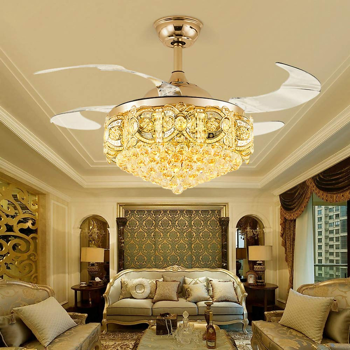 Lighting Groups 42 Inch Invisible Ceiling Fan with 3-Color Changing Light Remote Control Retractable Blades Fandelier for Living Room Dining Room Reversible Ceiling Fan with Indoor Lights (Gold)