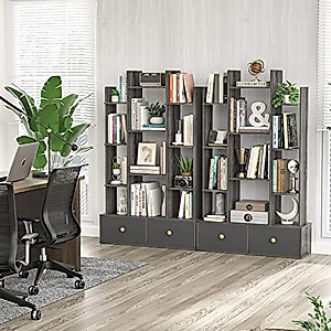 Unikito Book Shelf with 2 Drawers Free Standing Bookcase, Office Storage Shelf Organizer with 12 Open Bookshelf, Industrial Wood Book Case Display Rack for Bedroom, Living Room Home Office, Gray Oak
