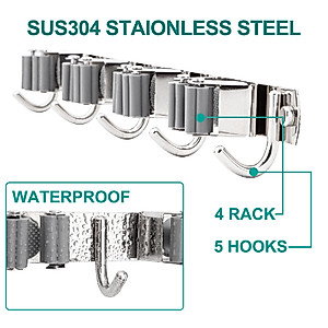 OCGIG 2 Pack Mop and Broom Holder, Wall Mounted Metal Hanger Organization Storage Heavy Duty Tool Organizer for Garage Home Kitchen Laundry Garden (4 Racks and 5 Hooks)