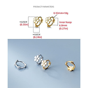 6mm Tiny Cute Flower Hoop Sterling Silver Mini Small Cartilage Hoop Earrings for Women Girls Teens Hypoallergenic Dainty White Enameled Daisy Flowers 18g Piercing Huggie Hoops (14k Gold Plated)