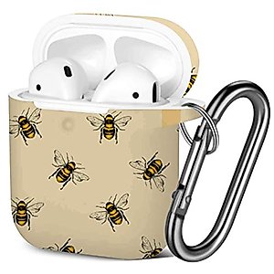 [ Compatible with AirPods 2 and 1 ] Shockproof Soft TPU Gel Case Cover with Keychain Carabiner for Apple AirPods (Honey Bee)