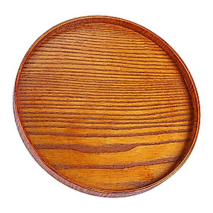 Round Natural Wood Serving Tray Wooden Plate Platter Tea Food Dishes Water Drink for Countertop Kitchen Coffee Table Breakfast (27cm)
