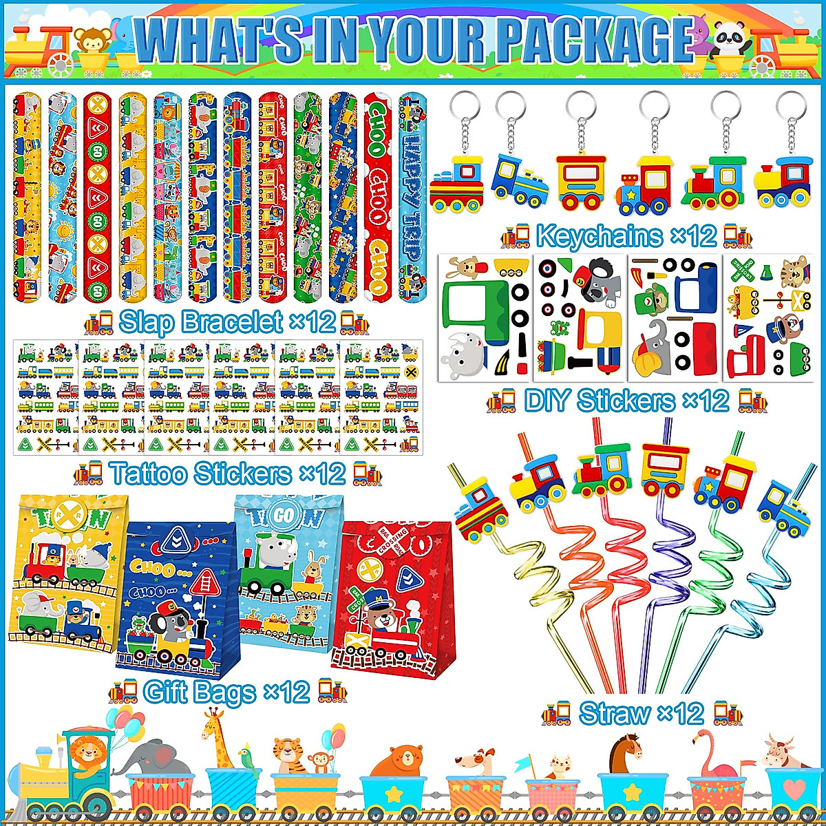 Erweicet Train Party Favors 72PCS Slap Bracelets DIY Stickers Temporary Tattoos Keychains Plastic Straws Gift Bags for Kids Car Theme Birthday Party Baby Shower