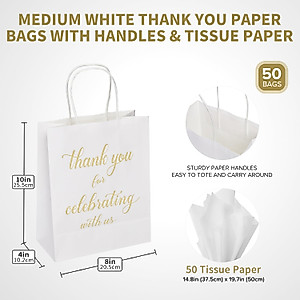 DjinnGlory 50 Pack Medium Sized White Paper Gift Bags with Tissue Paper 10x8x4 Inch, Thank You for Celebrating with Us Bags with Handles for Wedding Welcome Bridal Shower Party Favors Goodies