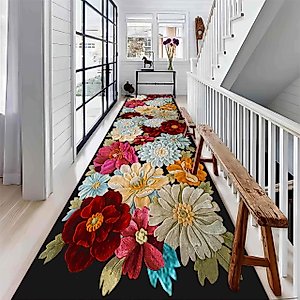 Florals Runner Rugs, 4x12ft, Vintage Chrysanthemum Design Area Rug with Blooming Colorful Flowers, Non-Slip Easy-to-Clean Carpet on A Black Background for Kids Room Living Room Bedroom Study